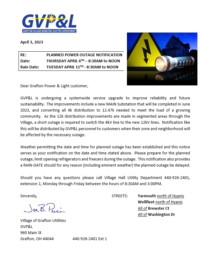 PLANNED POWER OUTAGE APRIL 6, 2023 AFFECTING 57 RESIDENTIAL HOMES ...